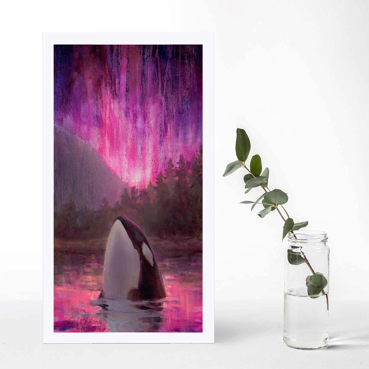Purple Whale Art Print of Pink Northern Lights Aurora and Orca Whale ...